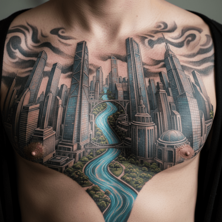 Futuristische Stadtlandschaft: 3D-Tattoo Auf Brust Und Oberkörper ...